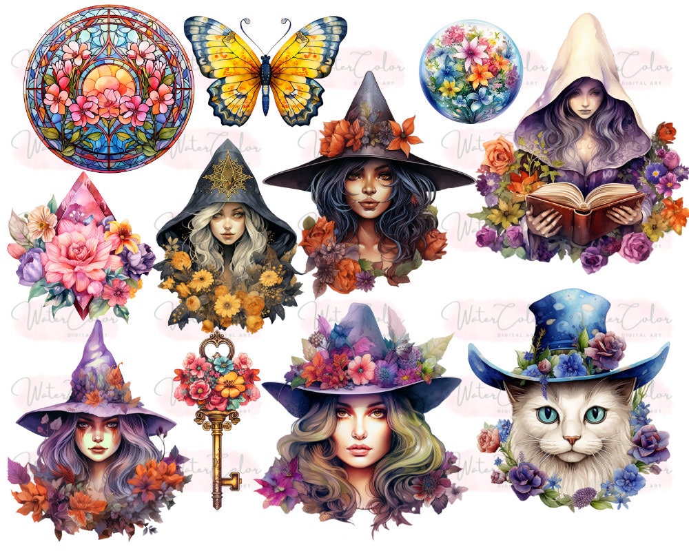 Floral Witches Clipart Watercolor Magical Flowers Witch Magic - Etsy