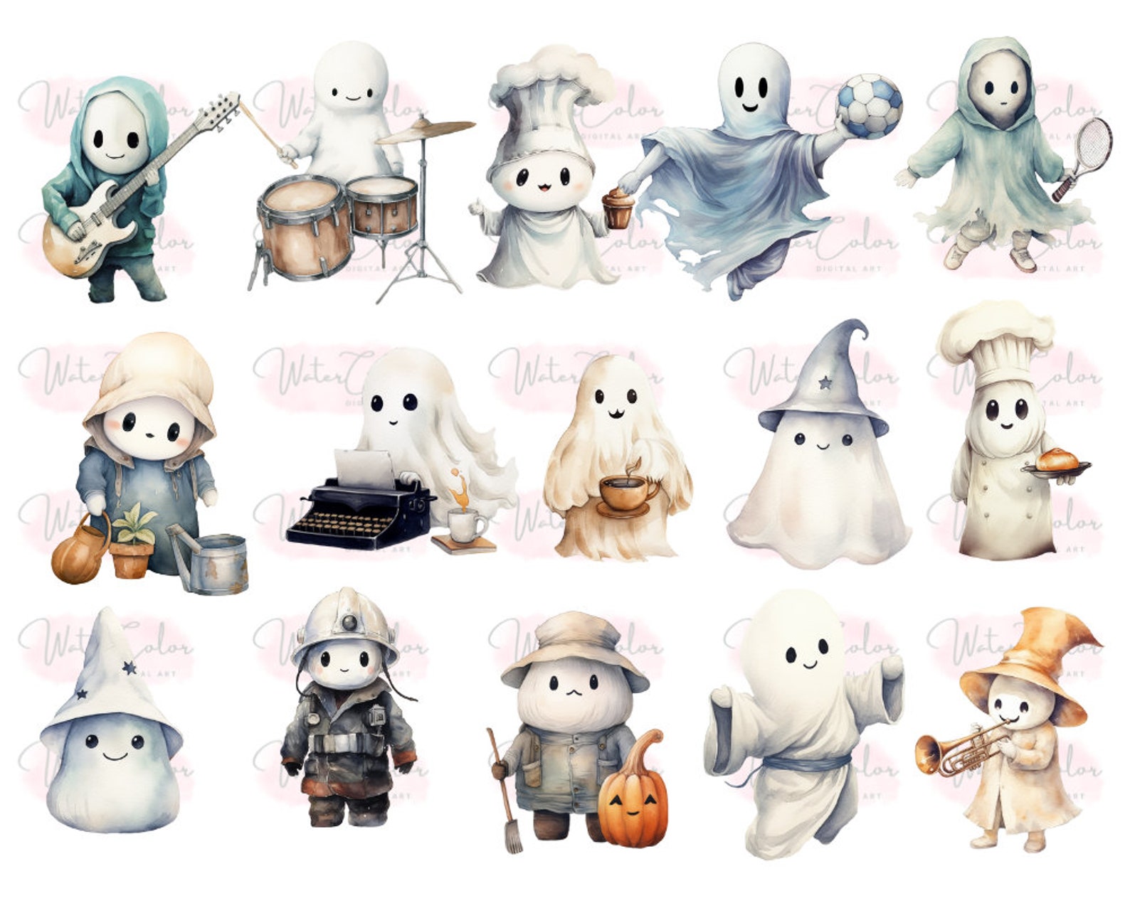 Cute Ghost Clipart, Tiny Ghosts Shadow Spooky Season, Scary Watercolor ...