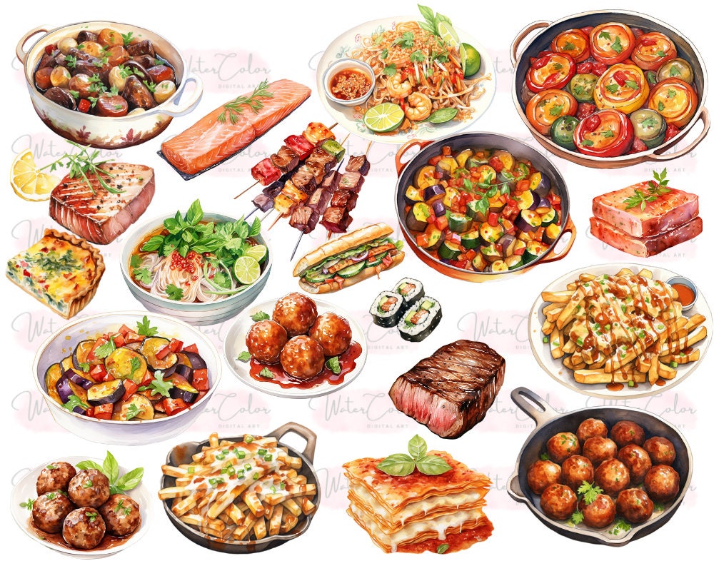 Traditional Cuisine Clipart Watercolor Meals Delicious Classic Food ...