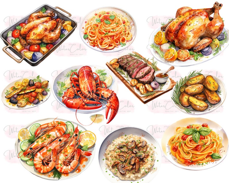 Traditional Cuisine Clipart Watercolor Meals Delicious Classic Food ...