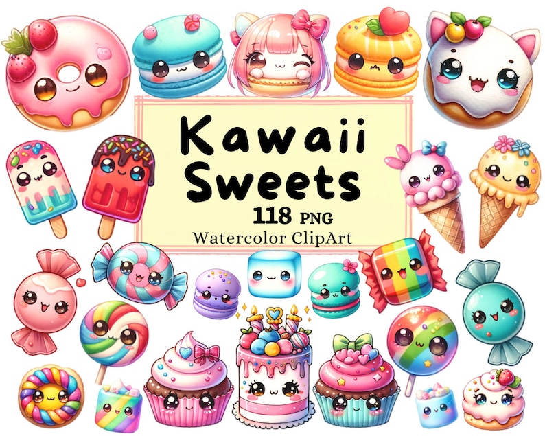 Watercolor Kawaii Sweets Clipart Bundle, Colorful Macarons Cupcakes ...