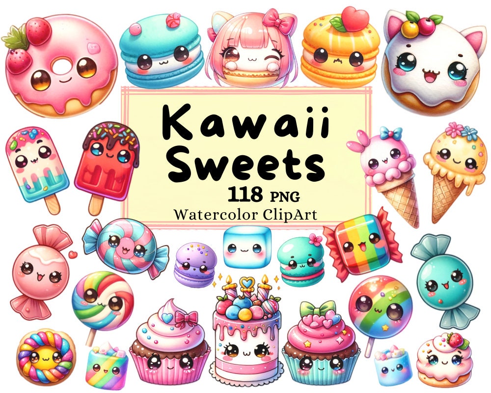 Watercolor Kawaii Sweets Clipart Bundle, Colorful Macarons Cupcakes ...