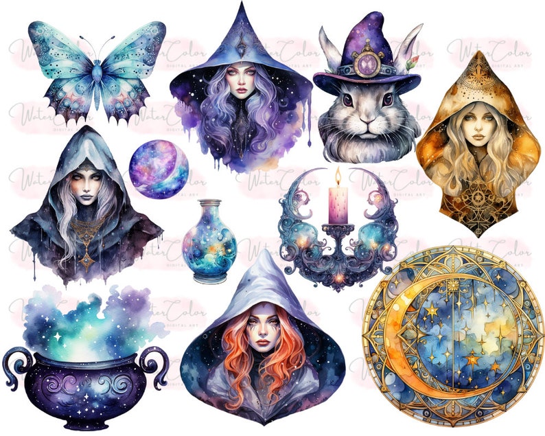 Celestial Moon Witch Clipart Watercolor Galaxy Witch Magic Spell PNG ...
