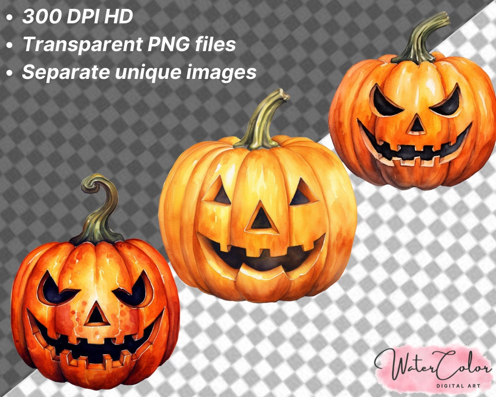 Jack O Lantern Clipart Watercolor, Spooky Pumpkins Carving, Scary ...