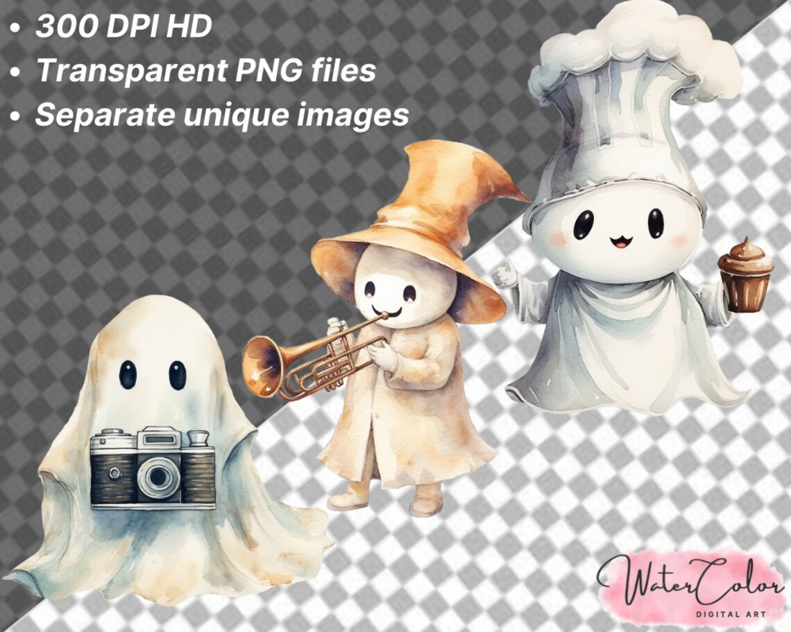 Cute Ghost Clipart, Tiny Ghosts Shadow Spooky Season, Scary Watercolor ...