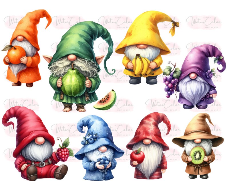 Watercolor Fruit Gnomes Clipart Collection, Colorful Fruits Gnome ...