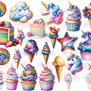 Watercolor Cute Unicorn Sweets Clipart Bundle, Glitter Colorful Dessert ...