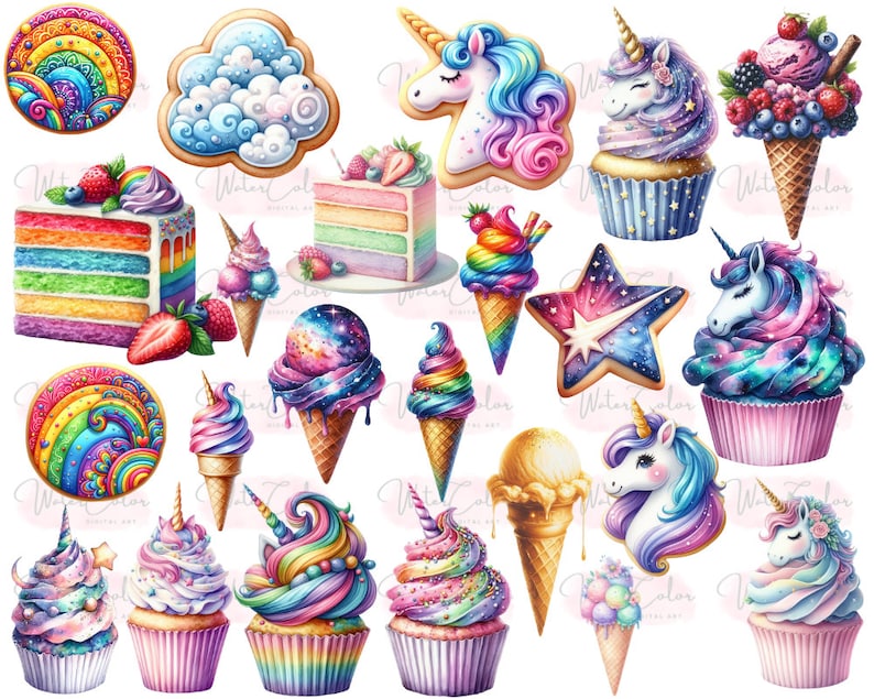 Watercolor Cute Unicorn Sweets Clipart Bundle, Glitter Colorful Dessert ...