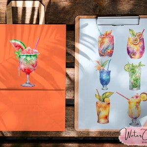 Tropical Cocktails Watercolor Clipart, Summer Drink Palm Leave Exotic ...