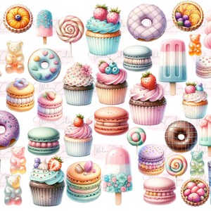 Watercolor Pastel Sweets Clipart Bundle, Treats Macarons Cupcakes Gummy ...