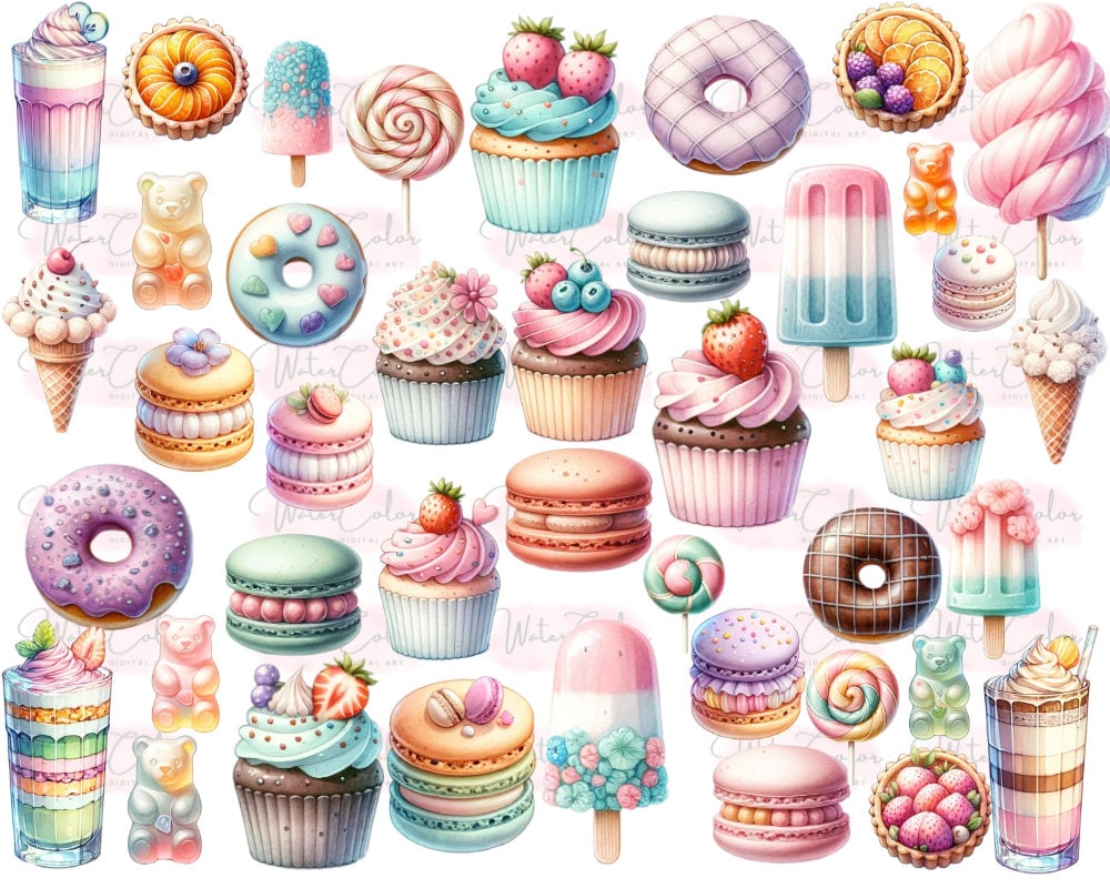 Watercolor Pastel Sweets Clipart Bundle, Treats Macarons Cupcakes Gummy ...