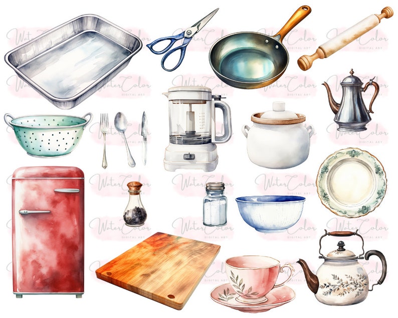 Kitchen Utensils Clipart, Watercolor Cottagecore Kitchenware Food ...
