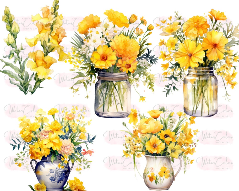 Watercolor Yellow Flowers Sunflower Clipart, Summer Flowers, Floral ...