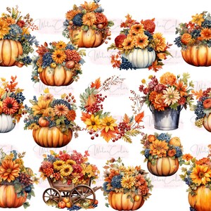 Floral Pumpkin Clipart, Sunflower Pumpkins Bouquet, Fall Wreath Maple ...