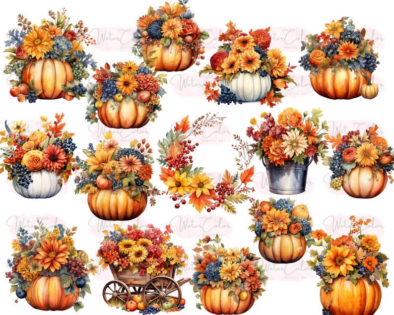 Floral Pumpkin Clipart, Sunflower Pumpkins Bouquet, Fall Wreath Maple ...