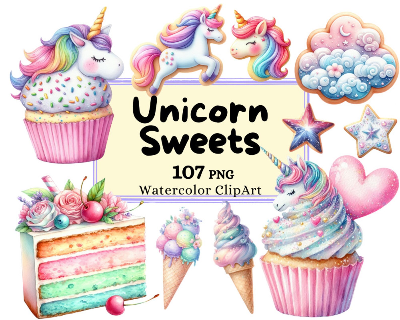 Watercolor Cute Unicorn Sweets Clipart Bundle, Glitter Colorful Dessert ...