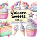 Watercolor Cute Unicorn Sweets Clipart Bundle, Glitter Colorful Dessert ...
