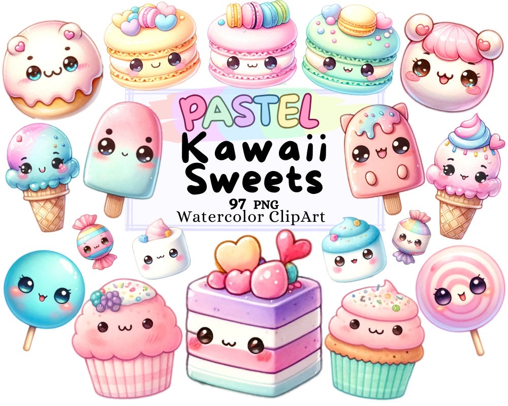 Watercolor Kawaii Sweets Clipart Bundle, Soft Colors Macarons Cupcakes ...
