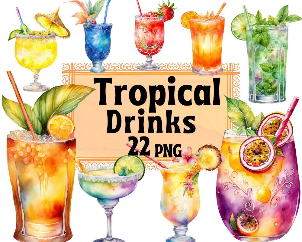 Tropical Cocktails Watercolor Clipart, Summer Drink Palm Leave Exotic ...
