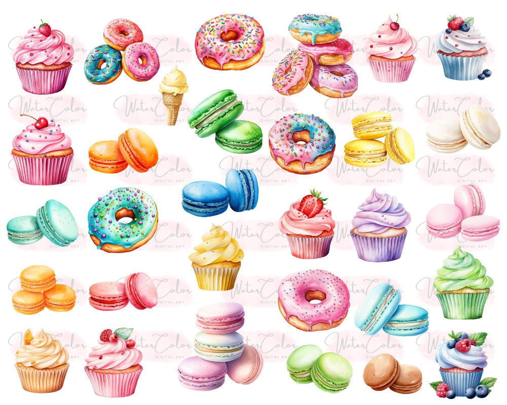 Watercolor Cute Sweets Clipart, Chocolate Cookies, Sweet Macarons ...