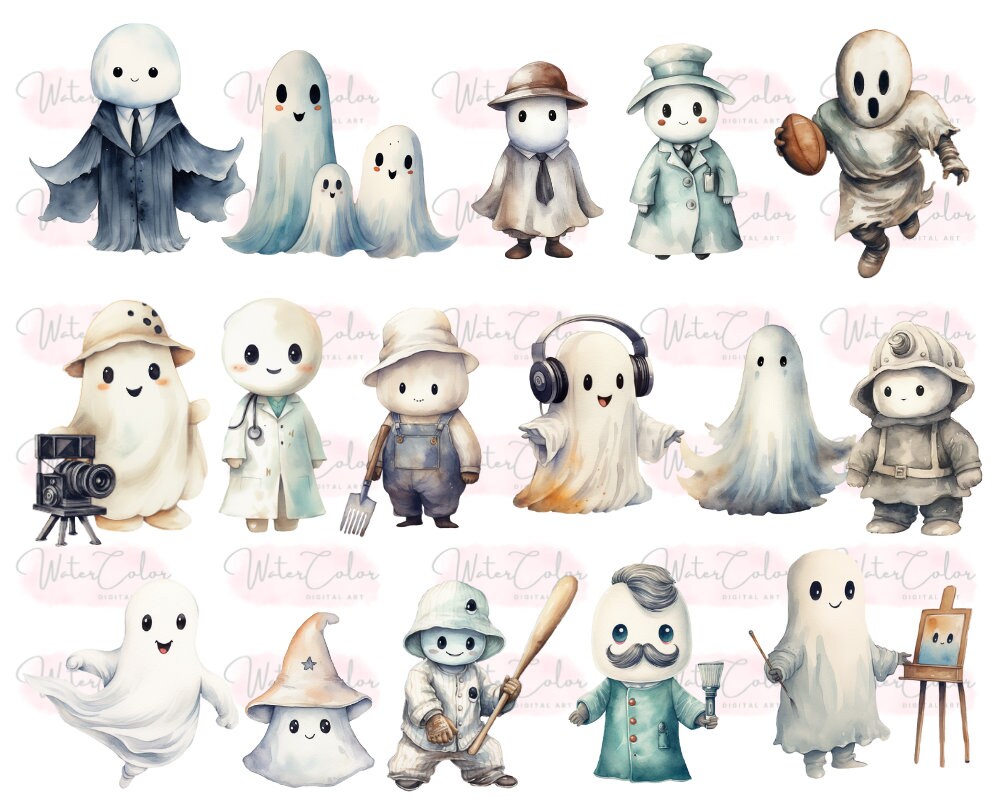 Cute Ghost Clipart, Tiny Ghosts Shadow Spooky Season, Scary Watercolor ...
