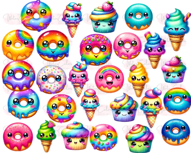 Watercolor Kawaii Rainbow Sweets Clipart Bundle, Colorful Macaron ...
