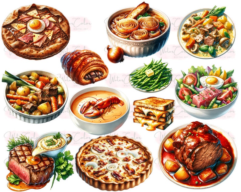 Watercolor French Food Bundle Clipart, French Gourmet Dish Ratatouille ...