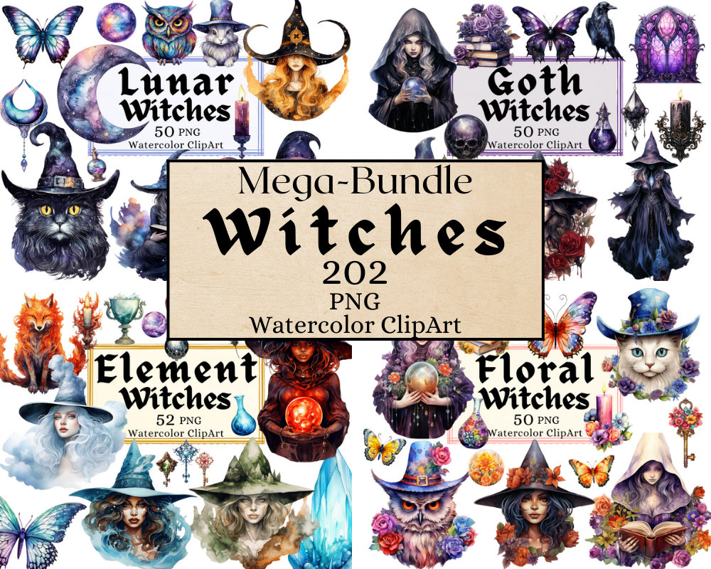 202 Witches Bundle Clipart, Watercolor Magic Element Witch Lunar Witch ...
