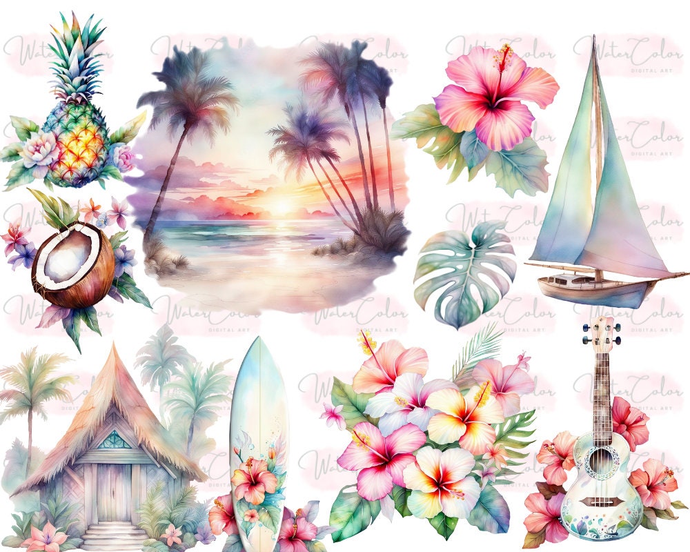 Hawaii Watercolor Clipart Summer Tropical Palm Leave Hawaiian - Etsy