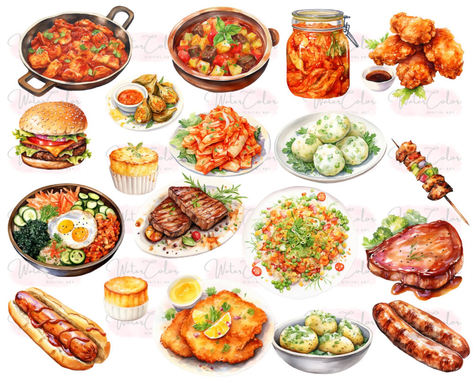 Traditional Cuisine Clipart Watercolor Meals Delicious Classic Food ...