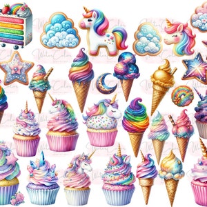 Watercolor Cute Unicorn Sweets Clipart Bundle, Glitter Colorful Dessert ...