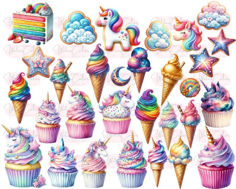 Watercolor Cute Unicorn Sweets Clipart Bundle, Glitter Colorful Dessert ...