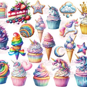 Watercolor Cute Unicorn Sweets Clipart Bundle, Glitter Colorful Dessert ...