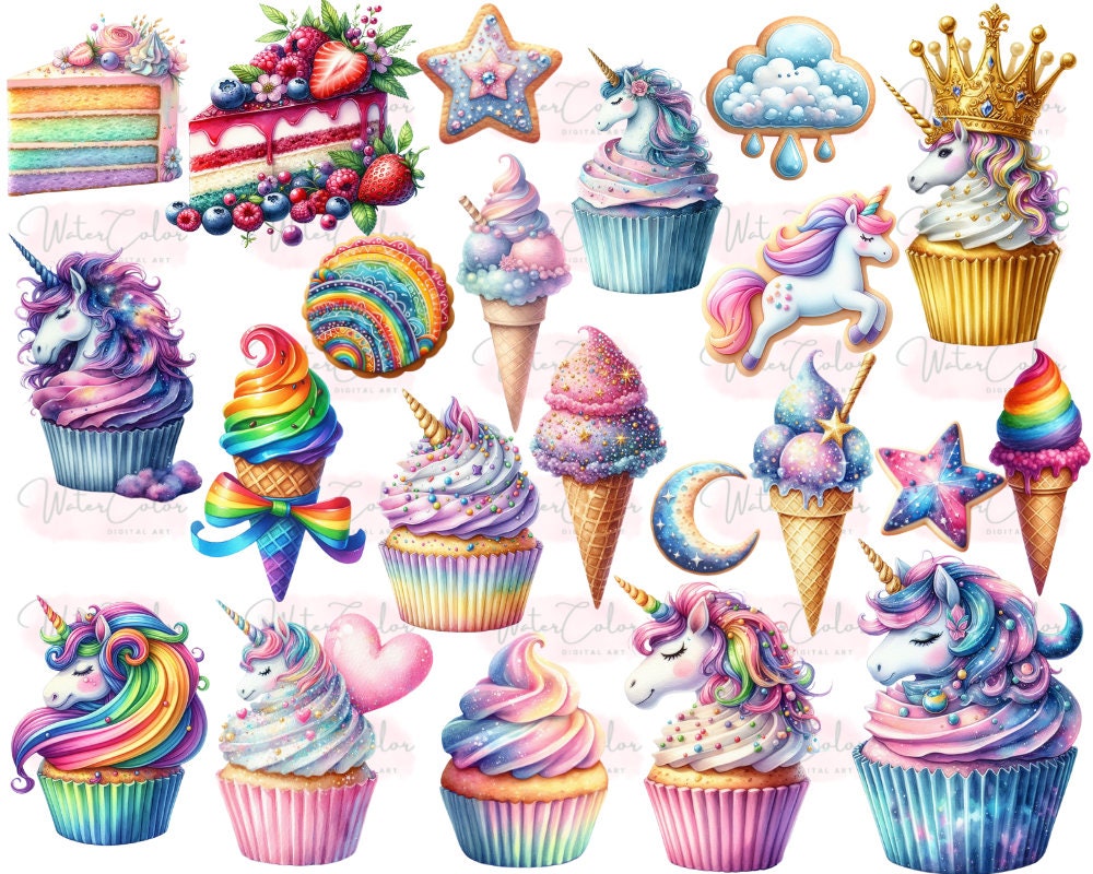 Watercolor Cute Unicorn Sweets Clipart Bundle, Glitter Colorful Dessert ...