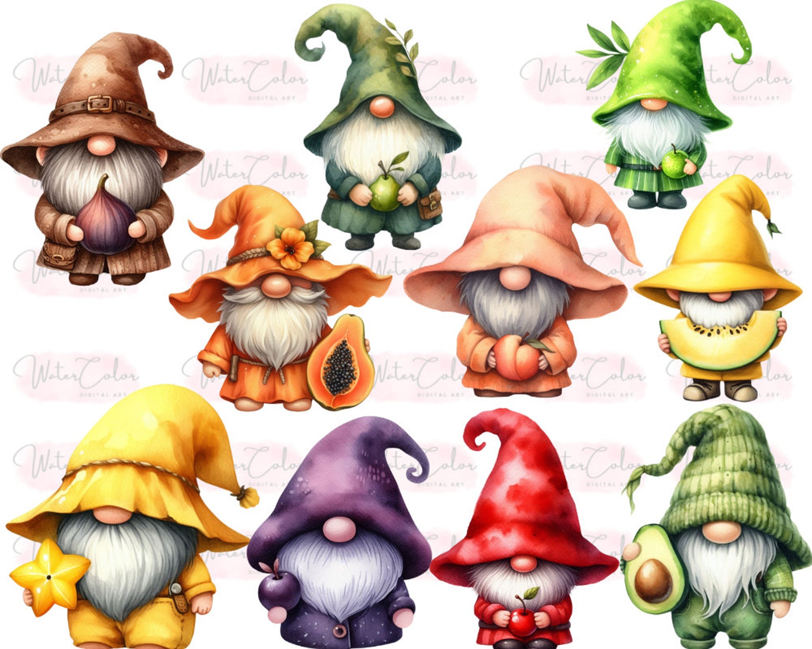Watercolor Fruit Gnomes Clipart Collection, Colorful Fruits Gnome ...