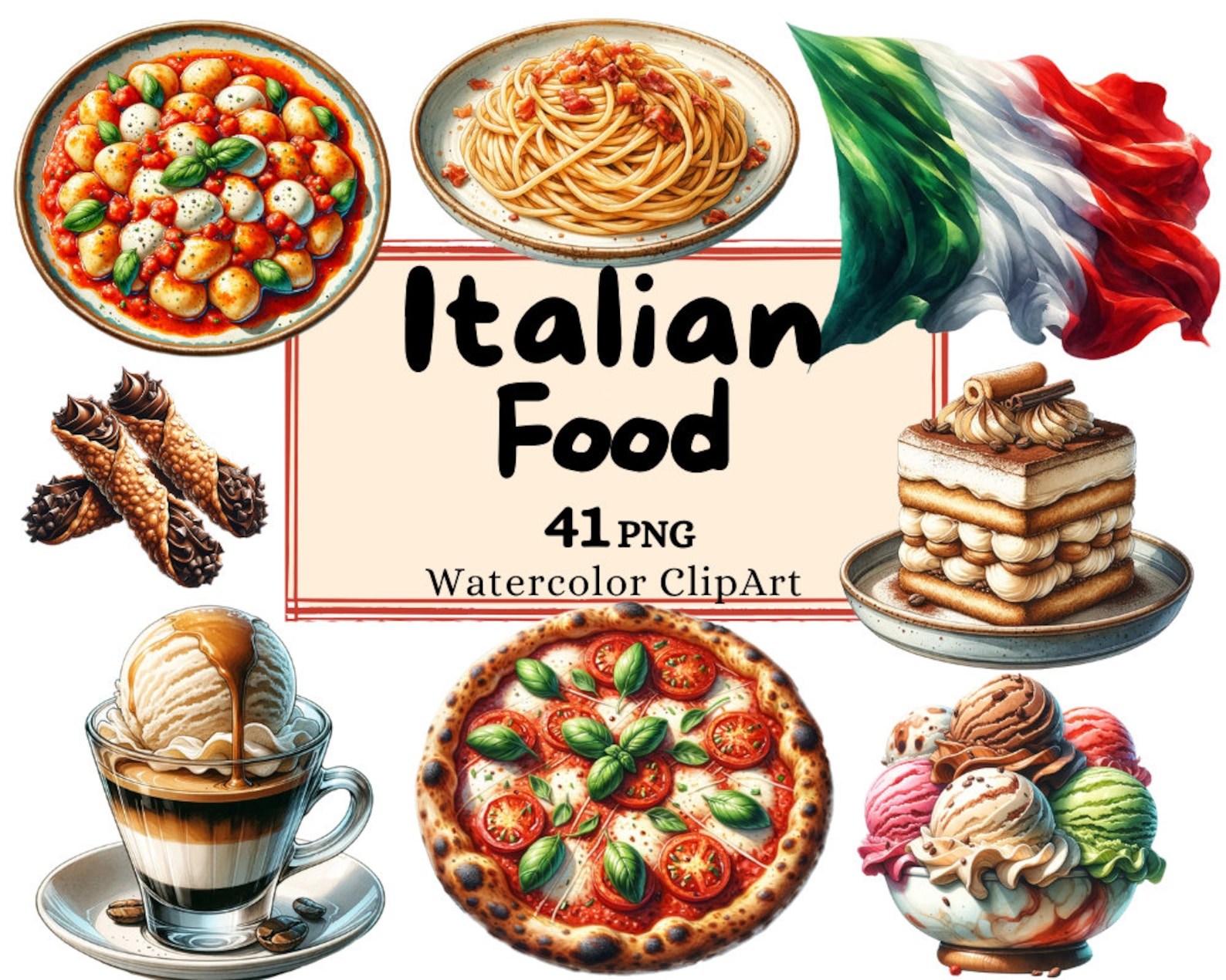 Watercolor Italian Food Bundle Clipart, Italy Gourmet Dishes Pizza ...