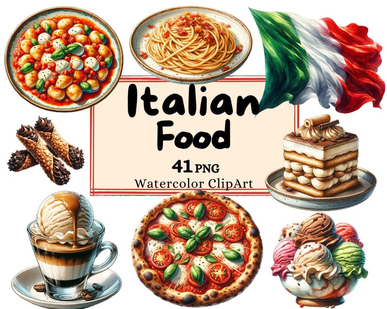 Watercolor Italian Food Bundle Clipart, Italy Gourmet Dishes Pizza ...