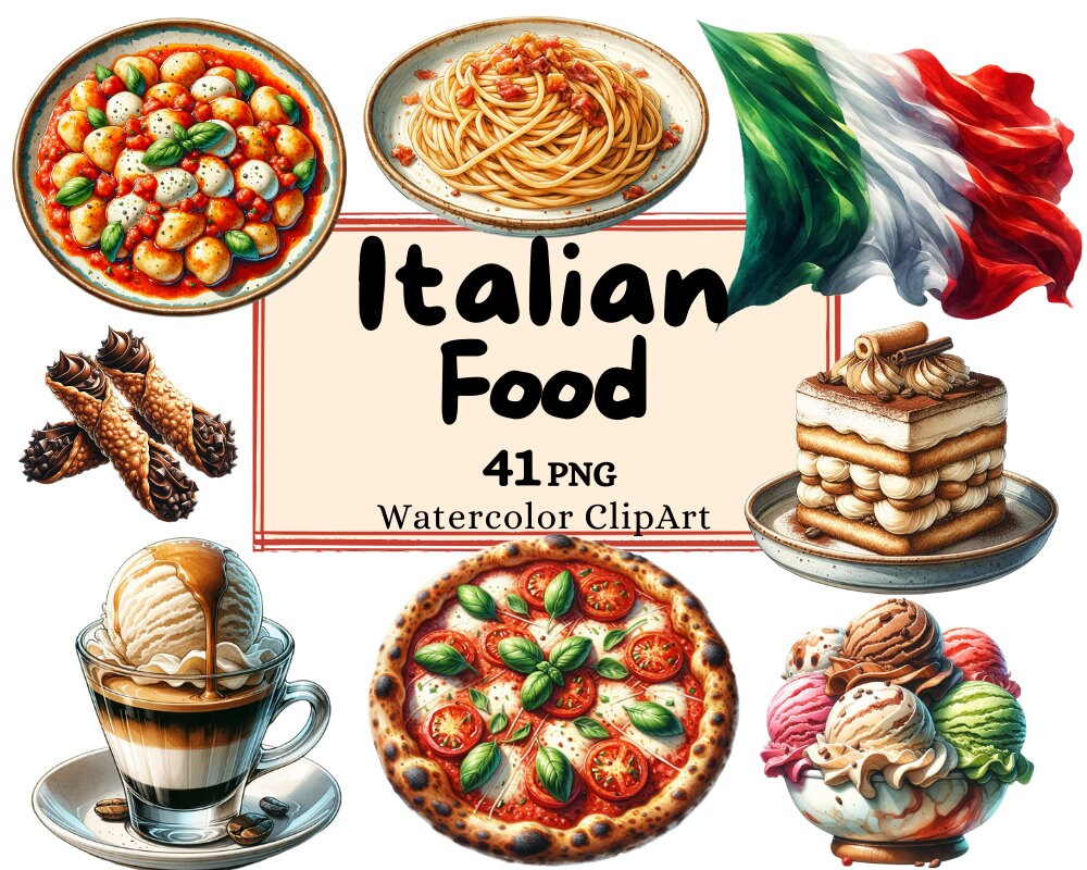 Watercolor Italian Food Bundle Clipart, Italy Gourmet Dishes Pizza ...