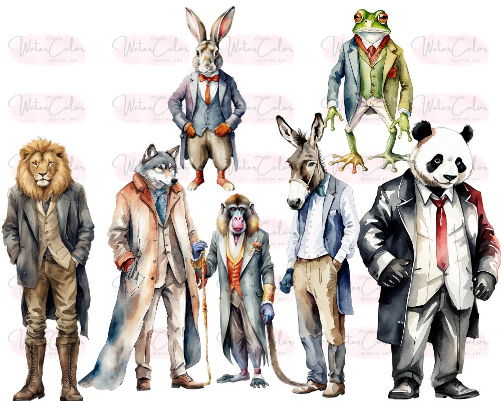 Forest Animals Fancy Zoo Clipart Watercolor Design Vintage Clothes ...
