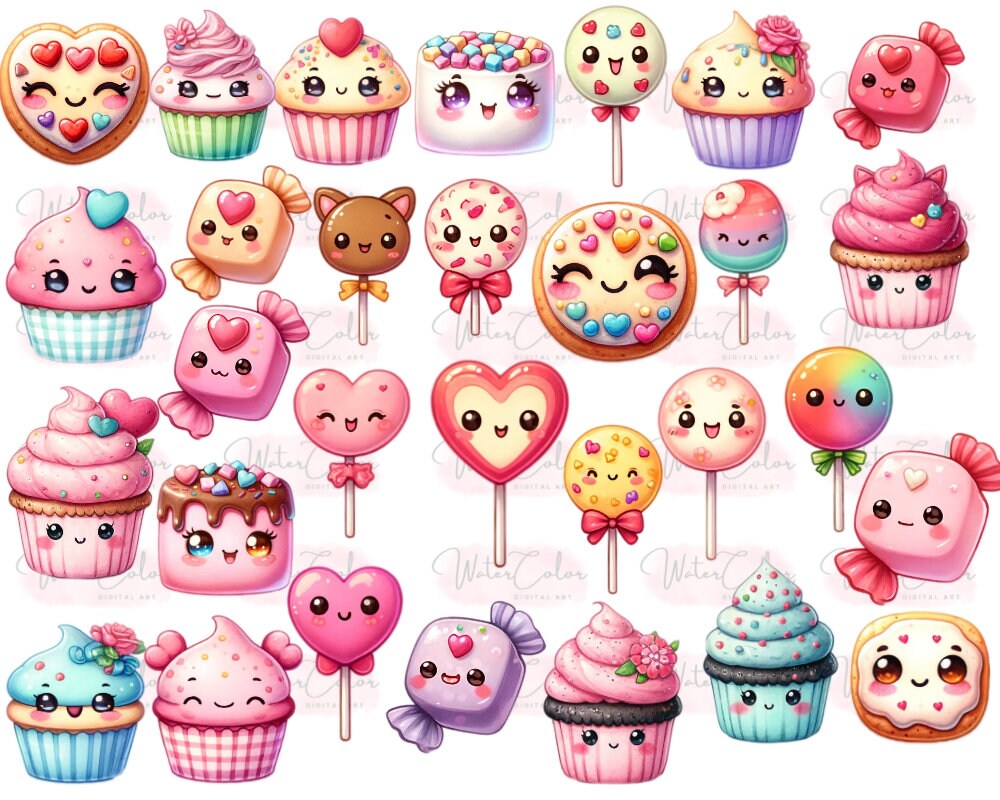 Watercolor Love Kawaii Sweets Lover Clipart Bundle, Heart Macaron ...