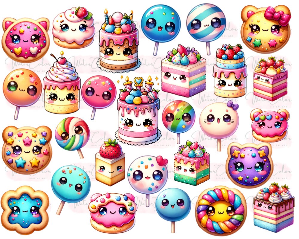 Watercolor Kawaii Sweets Clipart Bundle, Colorful Macarons Cupcakes ...