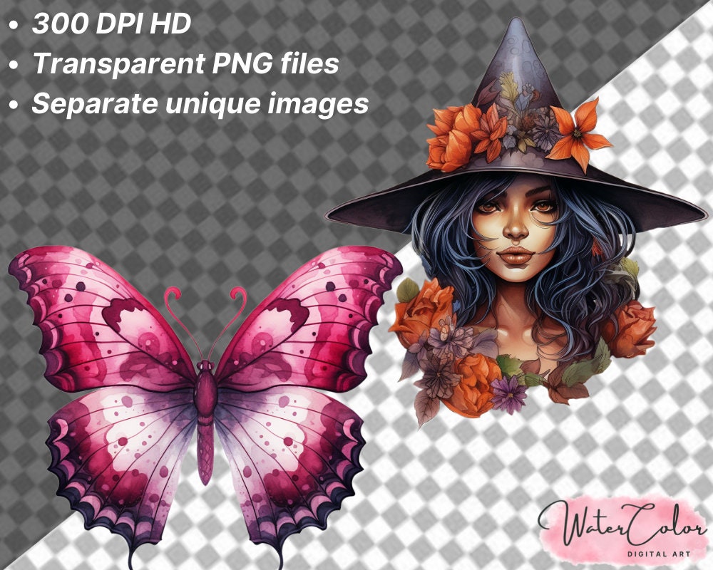 202 Witches Bundle Clipart, Watercolor Magic Element Witch Lunar Witch ...