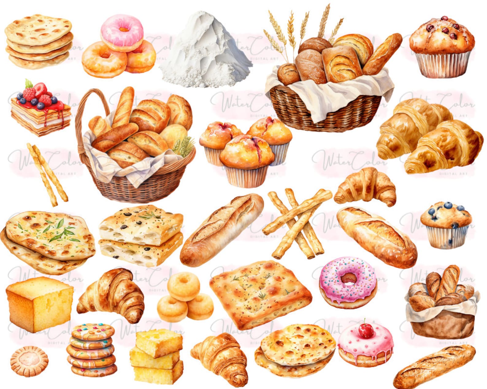 Watercolor Baked Bakery Clipart, Bread Baguettes French Croissants ...