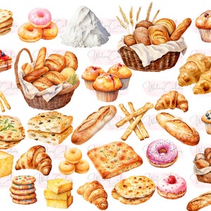 Watercolor Baked Bakery Clipart, Bread Baguettes French Croissants ...