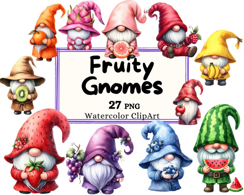 Watercolor Fruit Gnomes Clipart Collection, Colorful Fruits Gnome ...