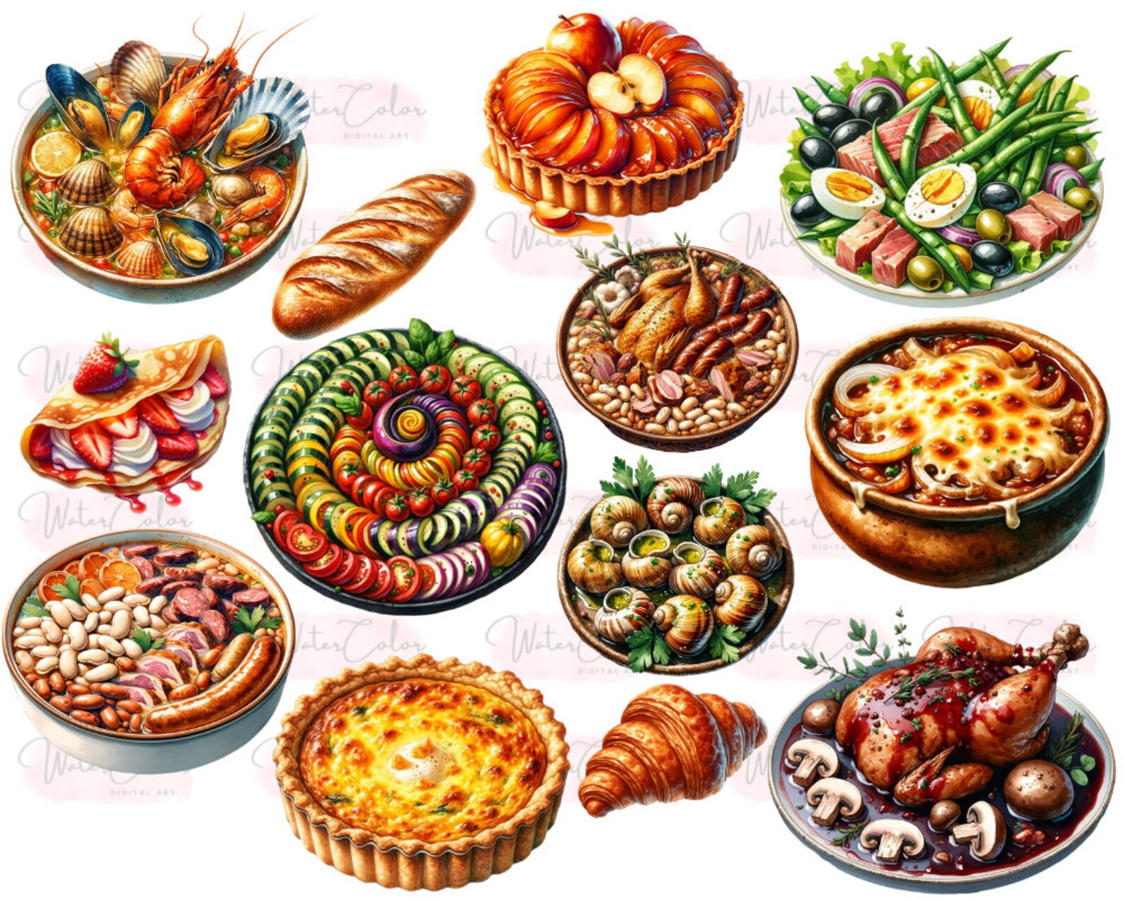 Watercolor French Food Bundle Clipart, French Gourmet Dish Ratatouille ...