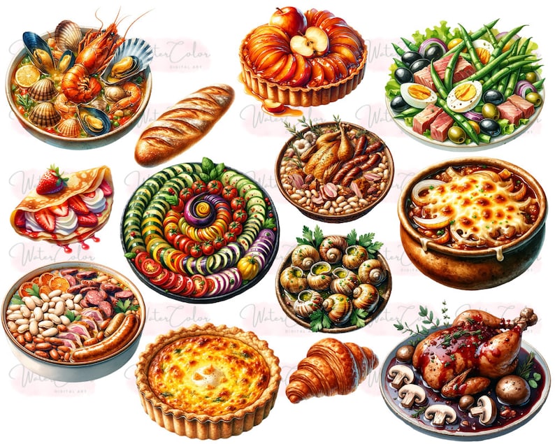 Watercolor French Food Bundle Clipart, French Gourmet Dish Ratatouille ...