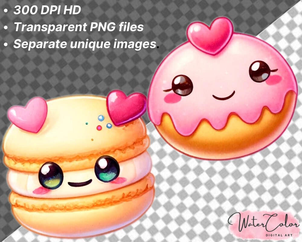 Watercolor Love Kawaii Sweets Lover Clipart Bundle, Heart Macaron ...