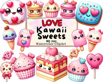 Watercolor Kawaii Sweets Clipart Bundle, Colorful Macarons Cupcakes ...
