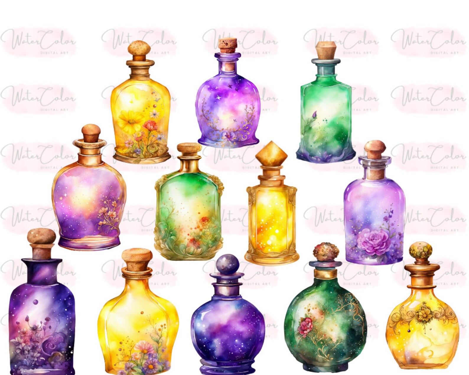 Magical Flower Potion Watercolor Perfume Clip Art Magic - Etsy